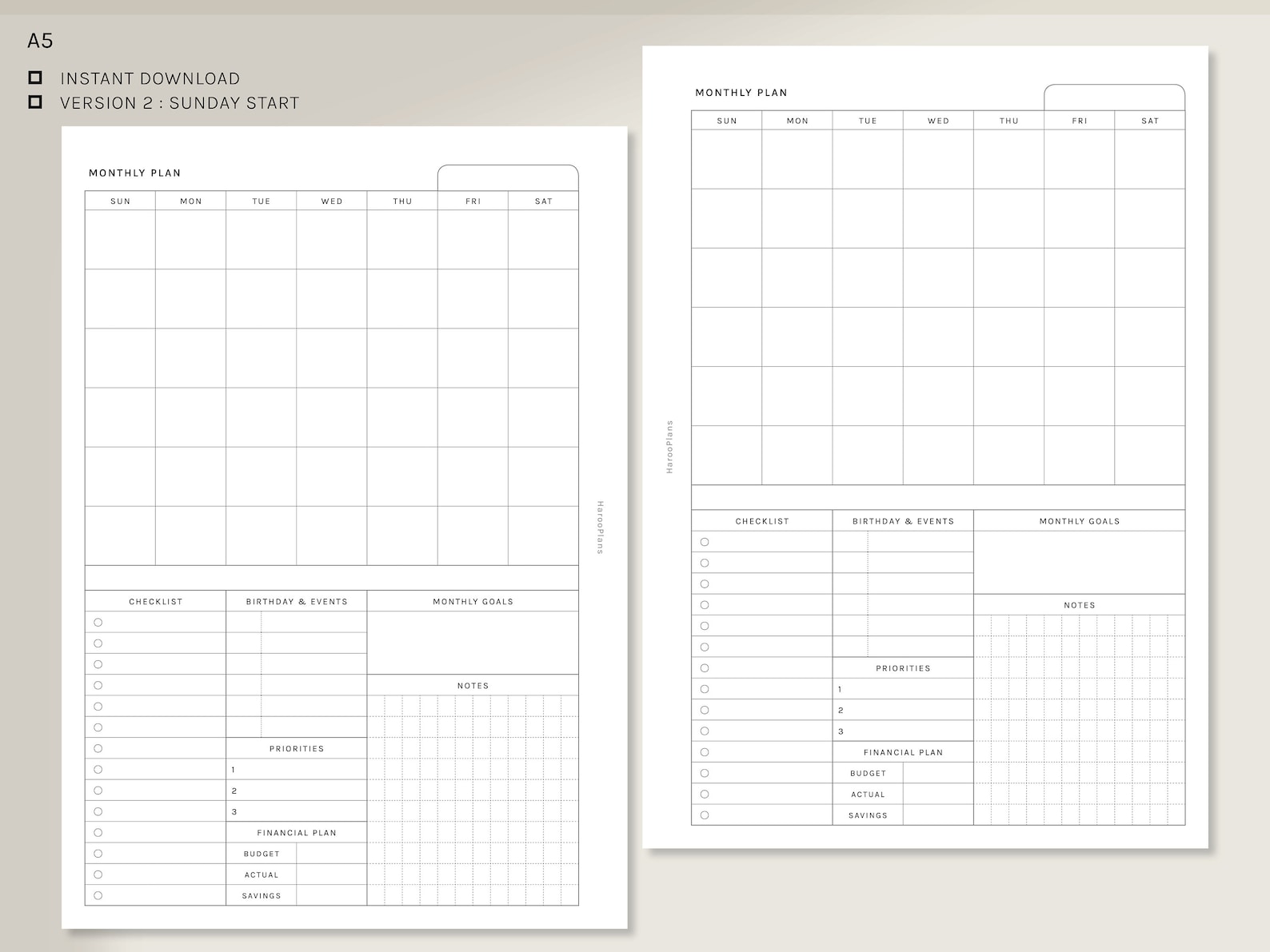 Monthly Overview | A5 Printable Planner Inserts | MO1P Layout | Month ...
