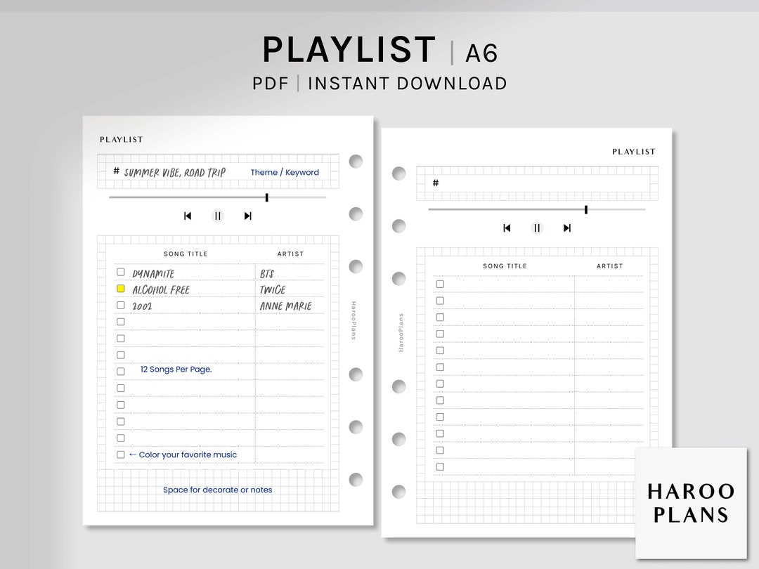 Playlist Sheets A6 Printable Music Tracker Inserts Podcast List ...