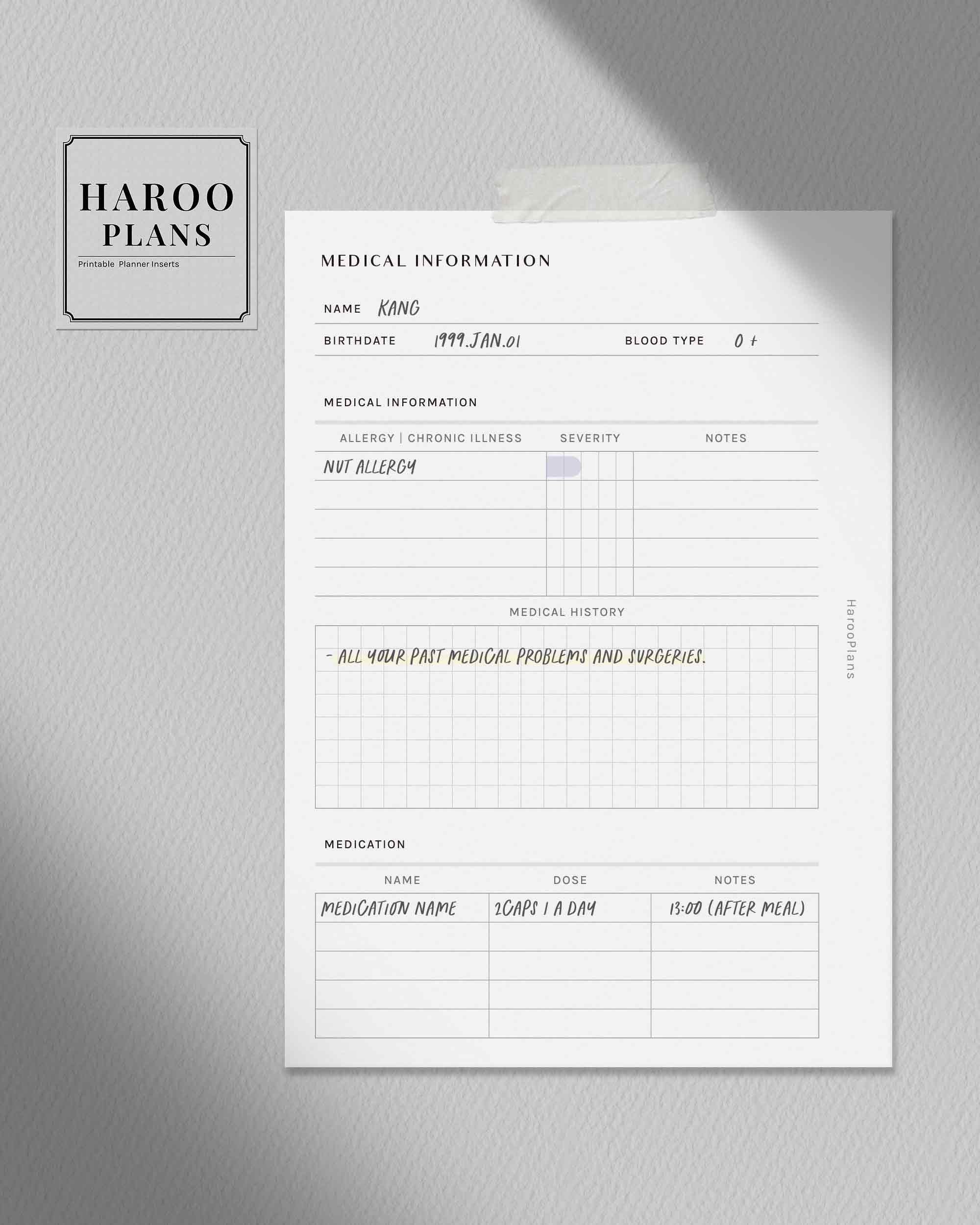 Medical Information Sheet | A6 Printable Planner Inserts | Simple ...