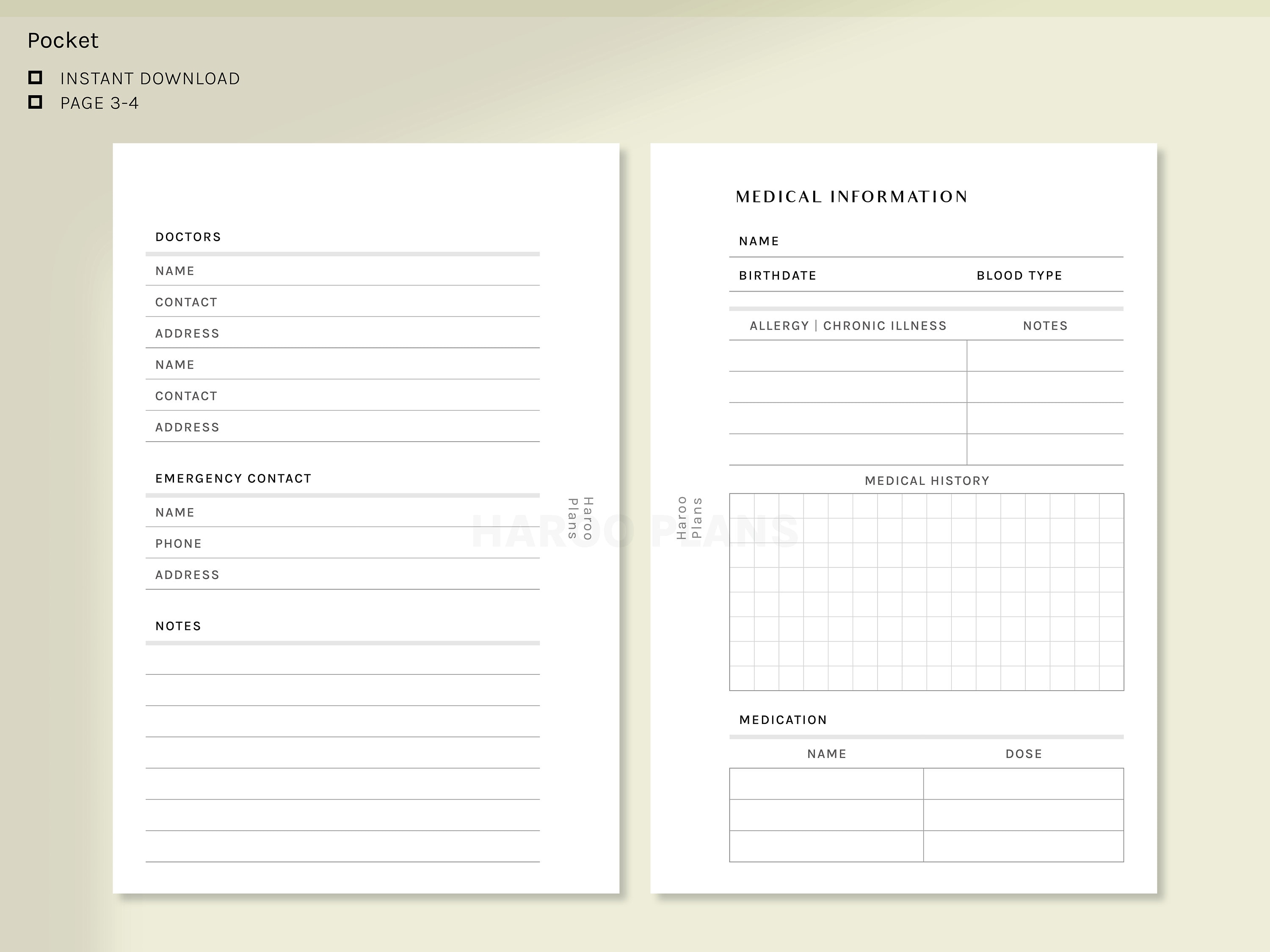 Medical Information | Pocket Rings Printable Planner Inserts | Simple ...