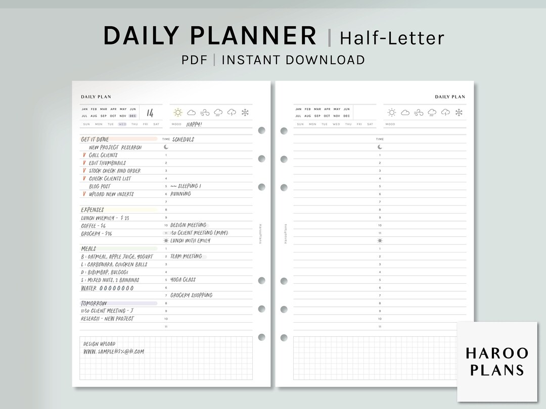 Daily Planner | Half-letter Printable Inserts | 24hours Schedule ...