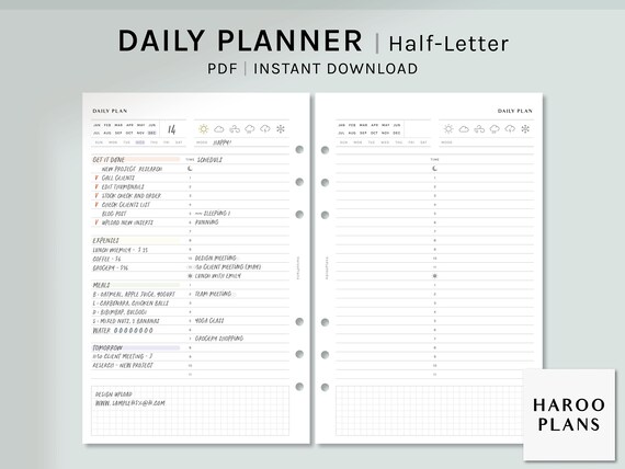 Daily Planner Half-letter Printable Inserts 24hours - Etsy