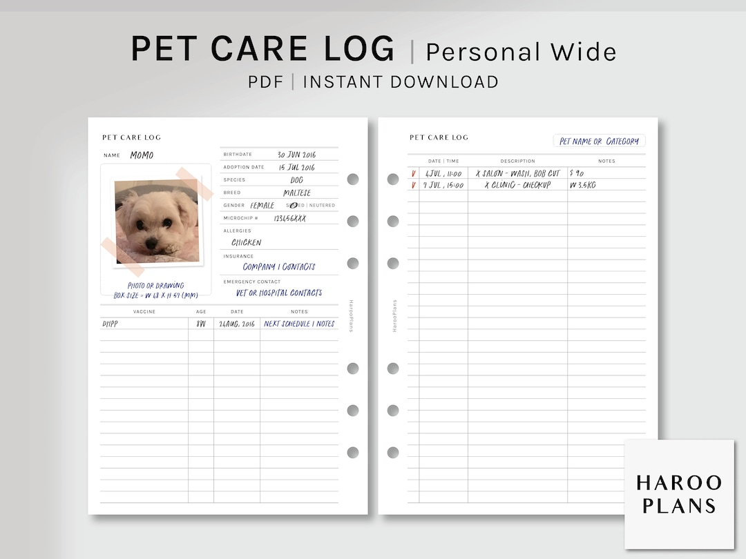 Pet Care Log | Personal Wide Printable Planner Inserts | Animal ...