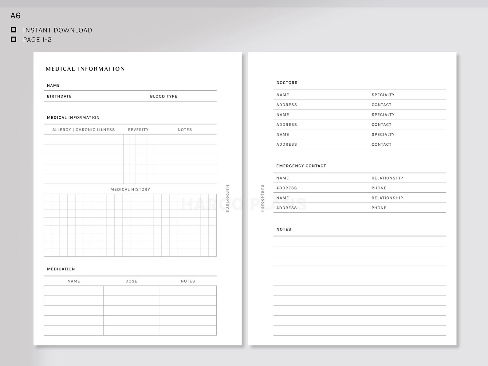 Medical Information Sheet | A6 Printable Planner Inserts | Simple ...