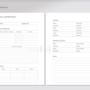 Medical Information Sheet | A6 Printable Planner Inserts | Simple ...