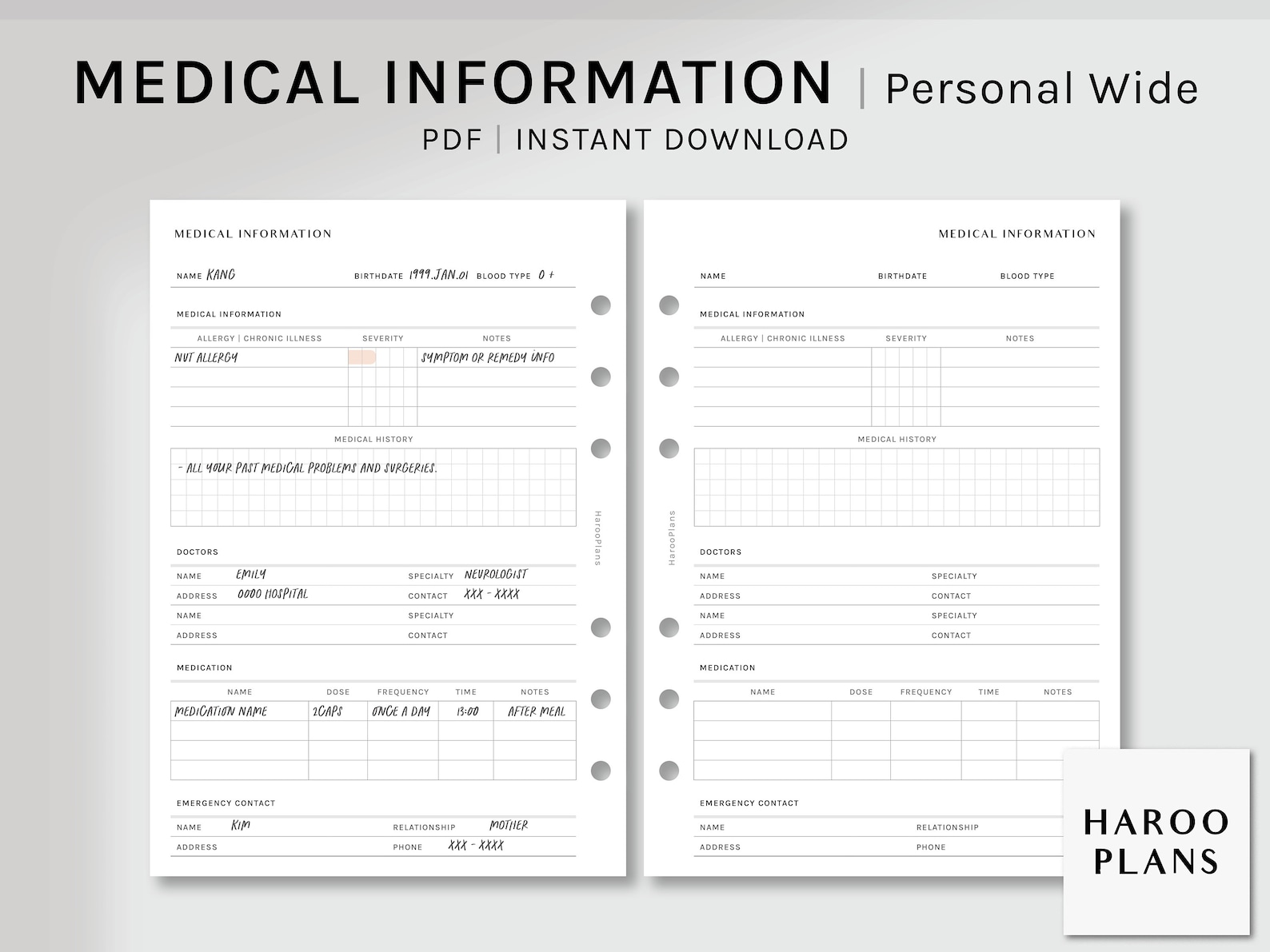 Medical Information Personal Wide Printable Planner Inserts - Etsy