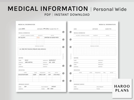 Medical Information Personal Wide Printable Planner Inserts - Etsy