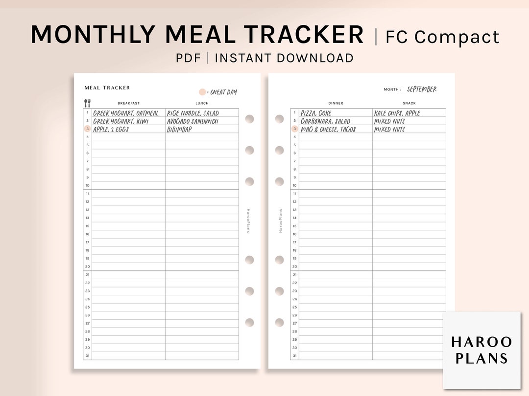 Monthly Meal Tracker | FC Compact Printable Planner Inserts | MO2P Diet ...