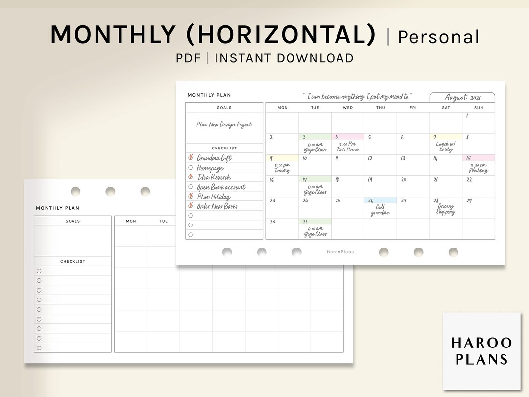 Monthly Planner Personal Printable Inserts MO1P Horizontal Layout ...
