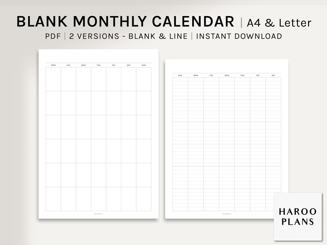 Undated Monthly Calendar | A4, US Letter Printable Planner Inserts ...