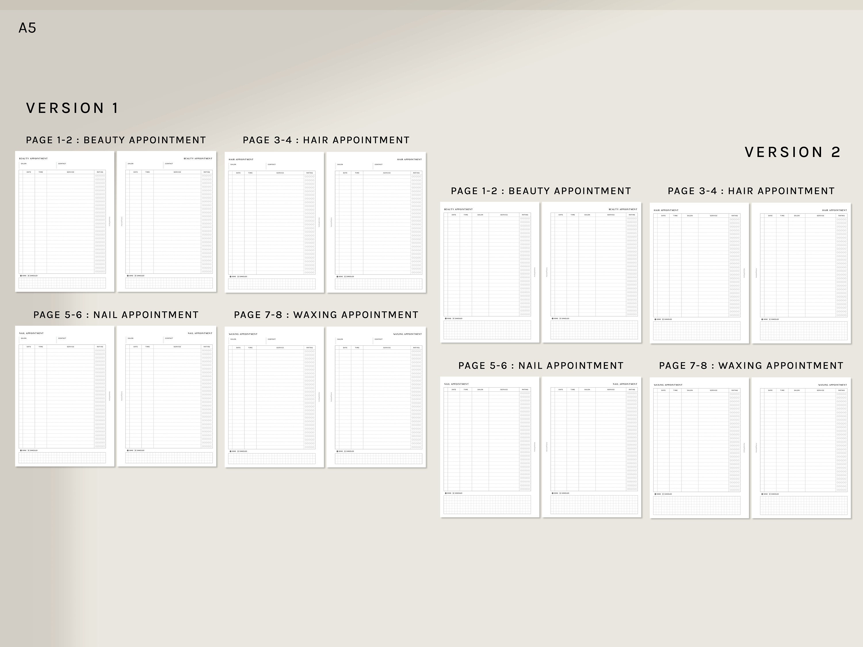 Beauty Appointments Tracker A5 Printable Planner Inserts - Etsy