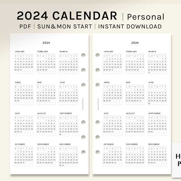 2024 Yearly Calendar Personal Size - Etsy