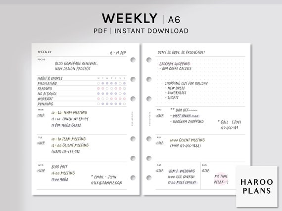 Simple Weekly A6 Size Printable Planner Inserts Undated - Etsy