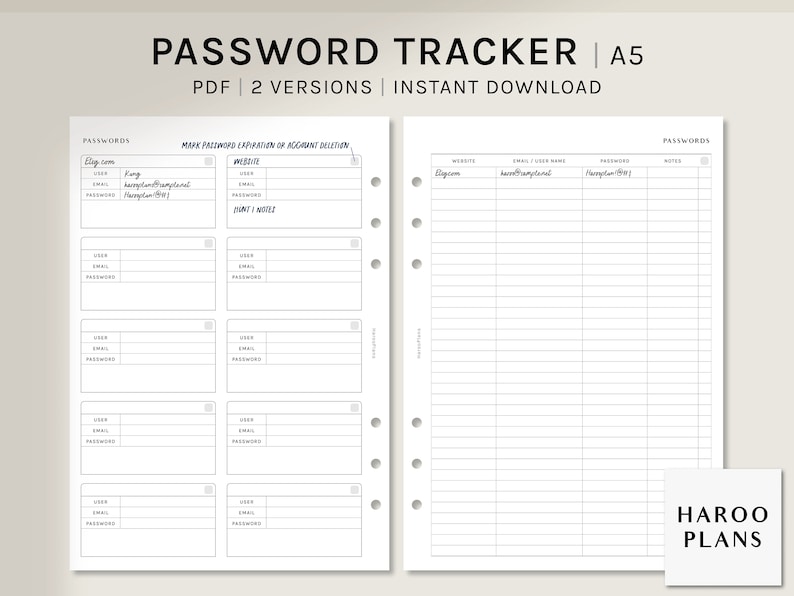 Password Tracker | A5 Printable Planner Inserts | Password Keeper Log ...