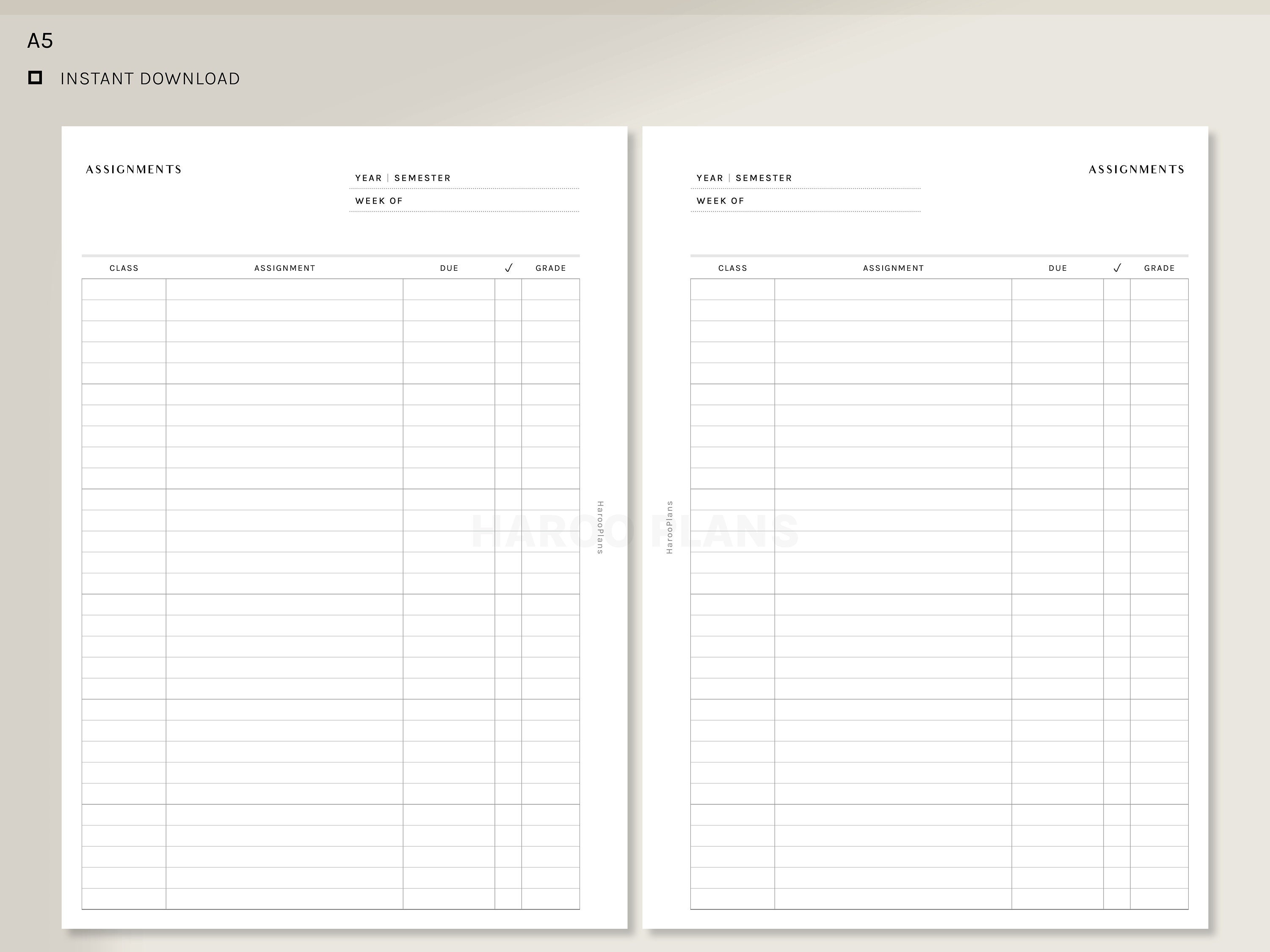 Assignment Tracker Sheet | A5 Printable Planner Inserts | Homework List ...