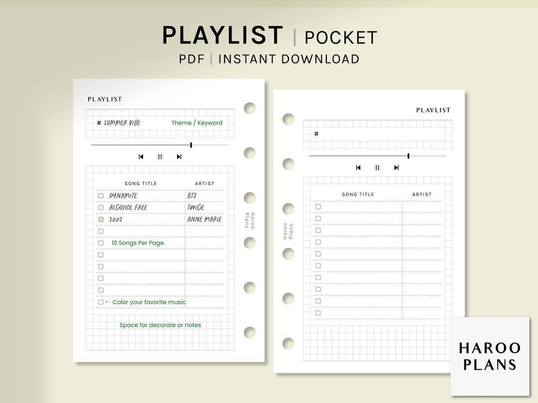Playlist Sheets Pocket Ring Printable Music List Inserts Podcast List ...
