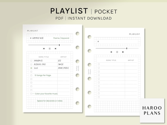 Playlist Sheets Pocket Ring Printable Music List Inserts | Etsy