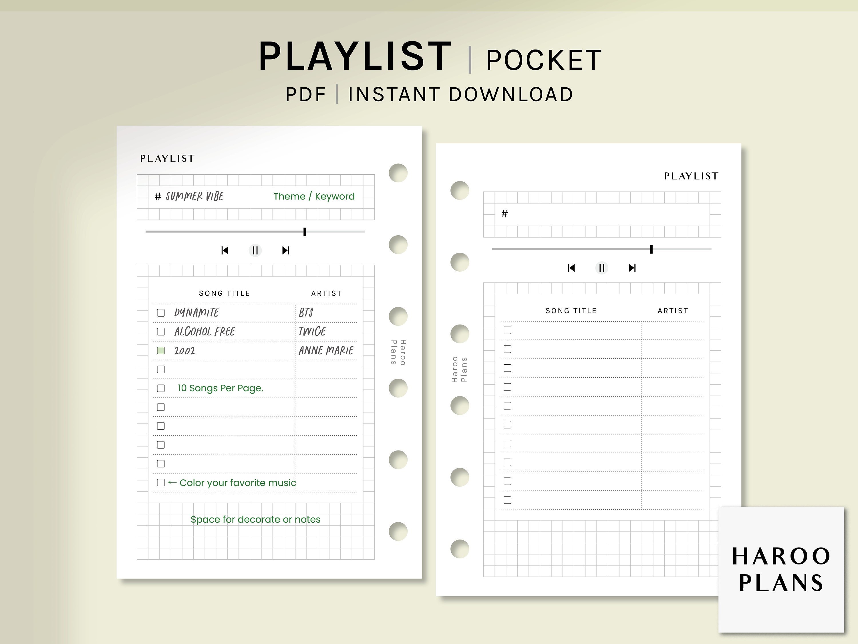 Playlist Sheets Pocket Ring Printable Music List Inserts | Etsy