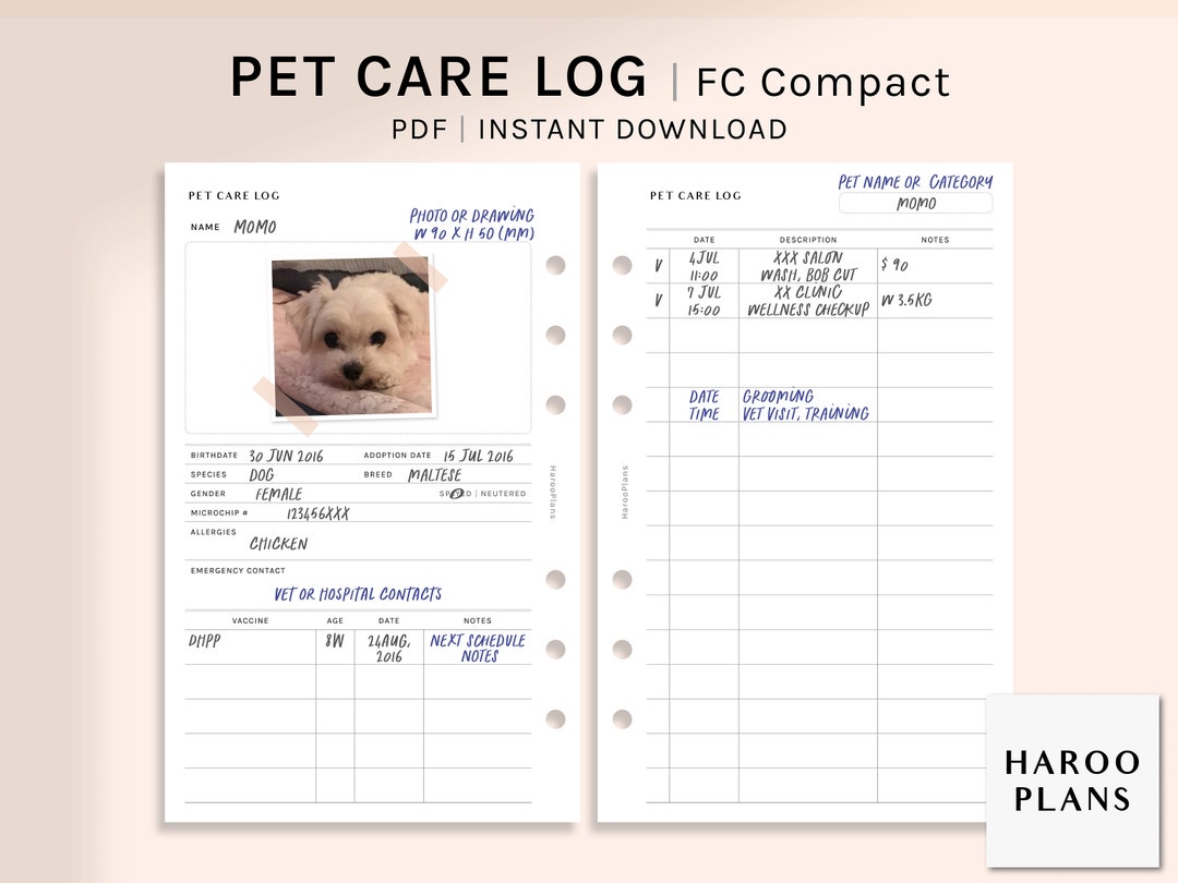 Pet Care Log | FC Compact Printable Planner Inserts | Animal Profile ...