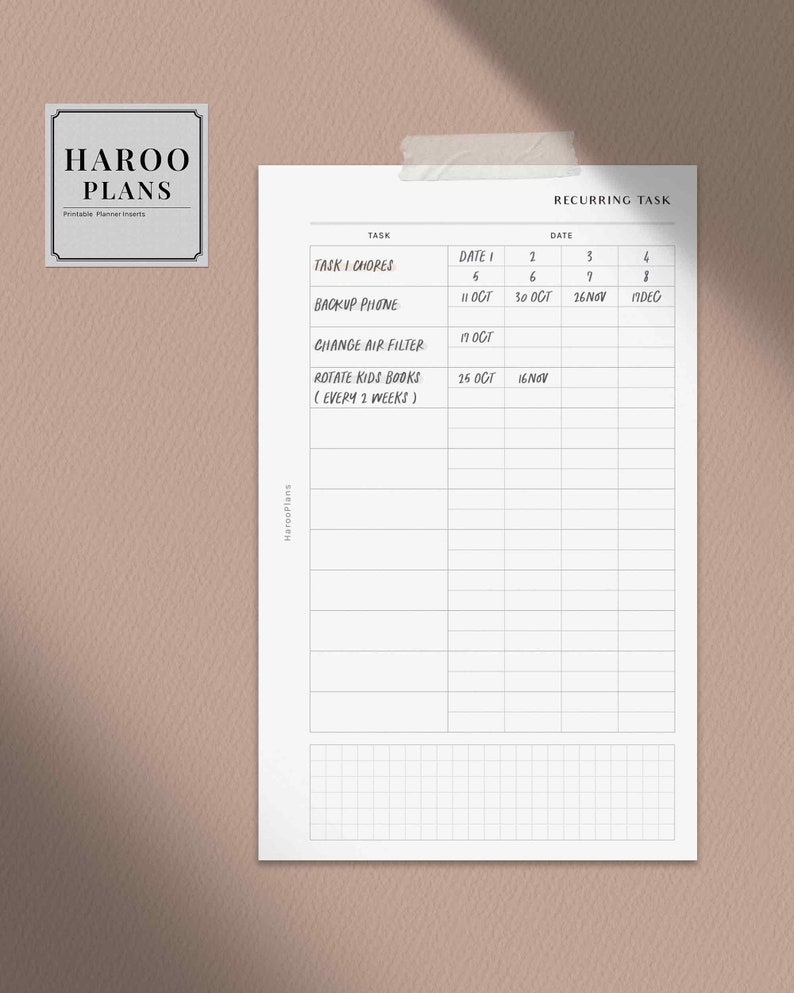 Recurring Task | FC Compact Printable Planner Inserts | Chores Tracker ...