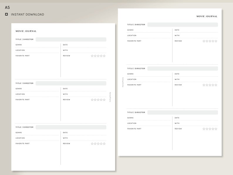 Movie Journal Printable Inserts A5 Film Journal Template - Etsy