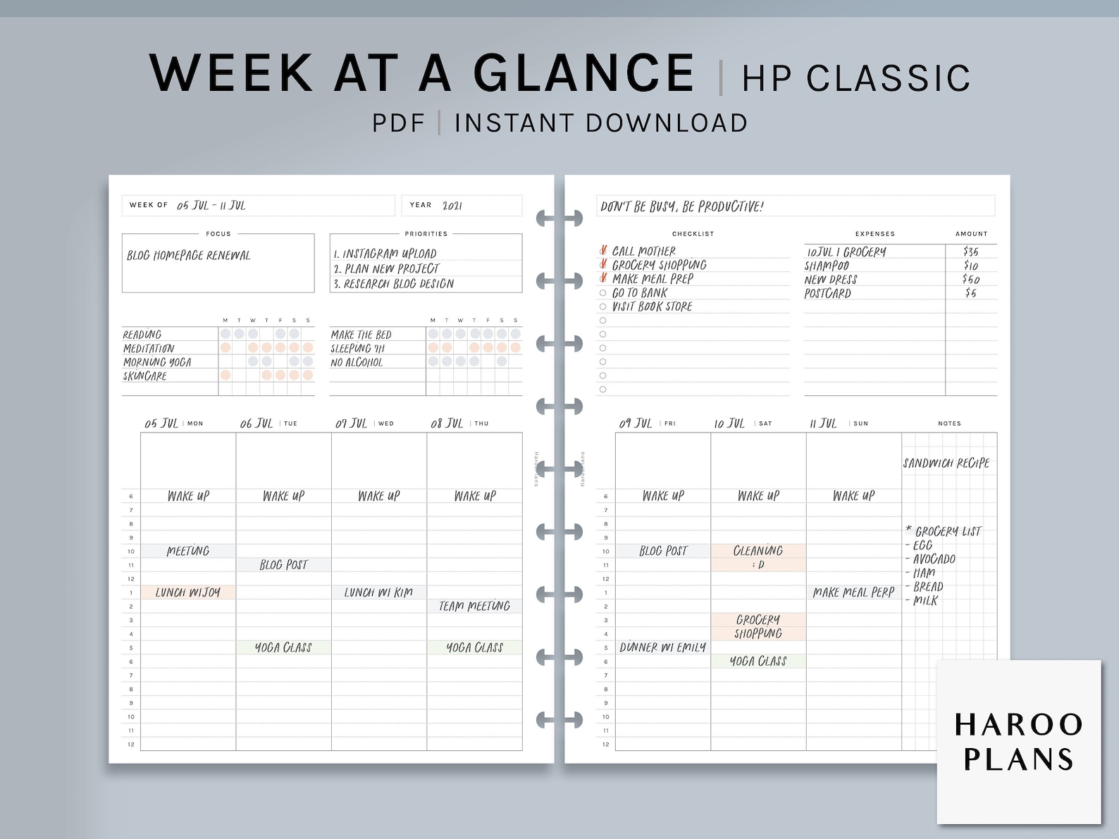 Week at a Glance | HP Classic Printable Happy Planner Inserts | Weekly ...