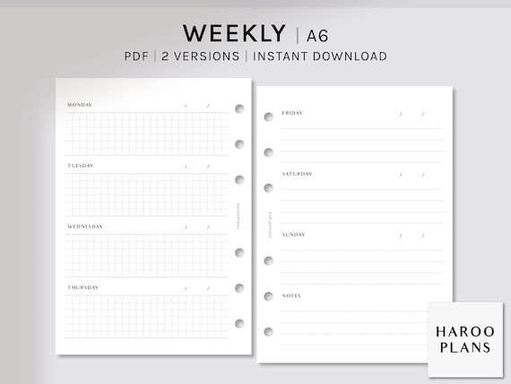 Simple Weekly A6 Printable Planner Inserts Undated WO2P - Etsy
