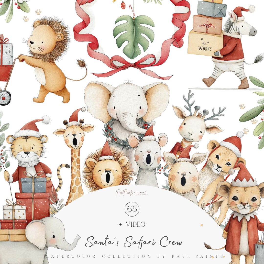 Watercolor Safari Christmas Clipart PNG Set, Cute Holiday Animals With ...