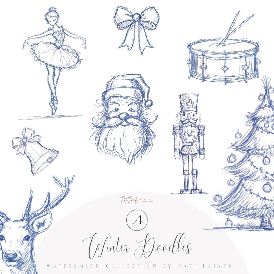 Inky Blue Christmas Doodles, Vintage Winter Sketch Clipart, Hand Drawn ...