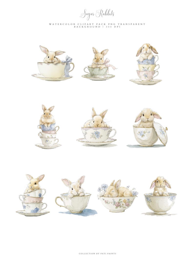 Watercolor Bunny Clipart Set, Cute Baby Rabbit Tea Cup 20, Pastel ...