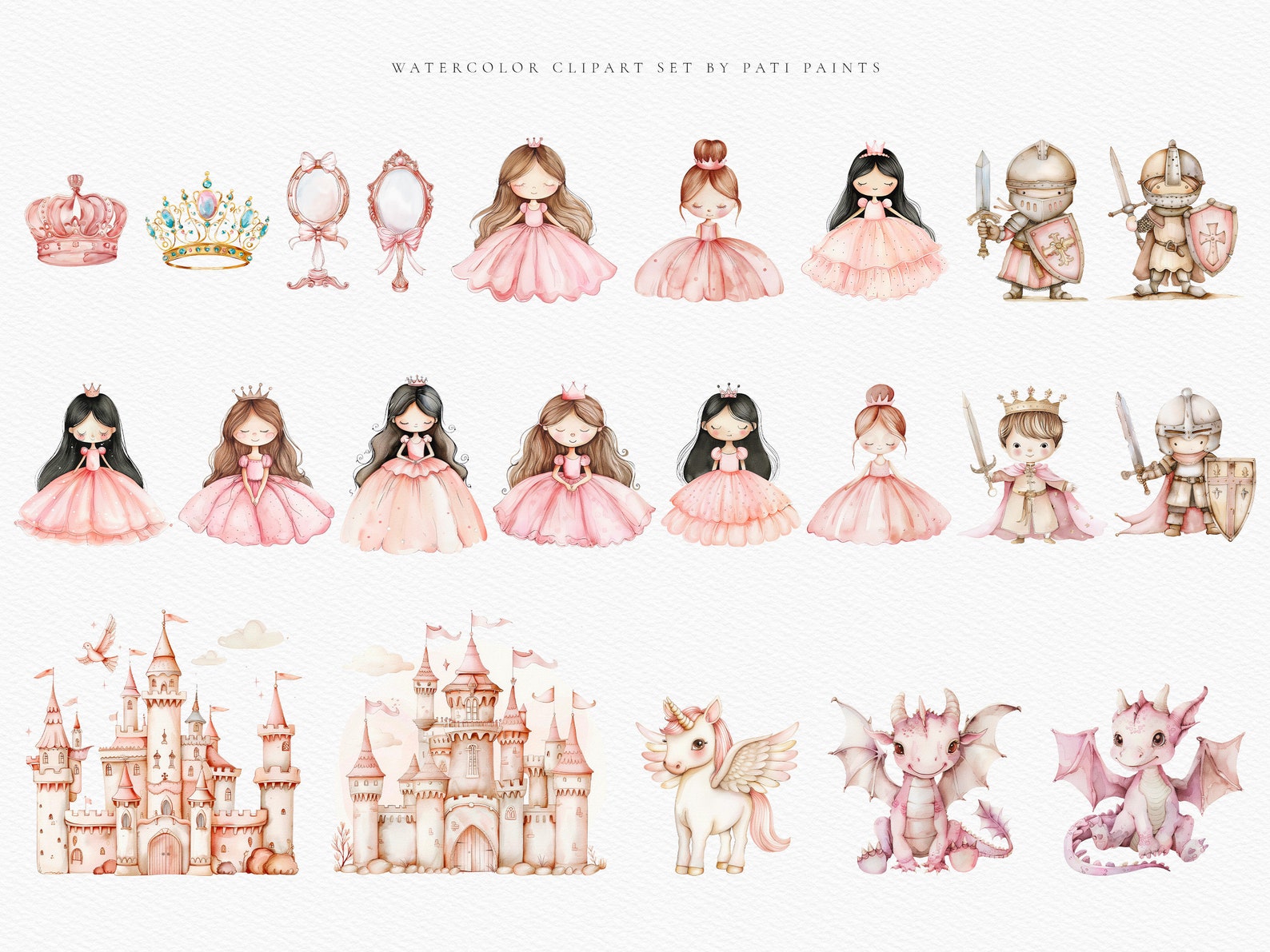 Watercolor Pink Princess Clipart Bundle Royal Clipart Nursery Clipart ...