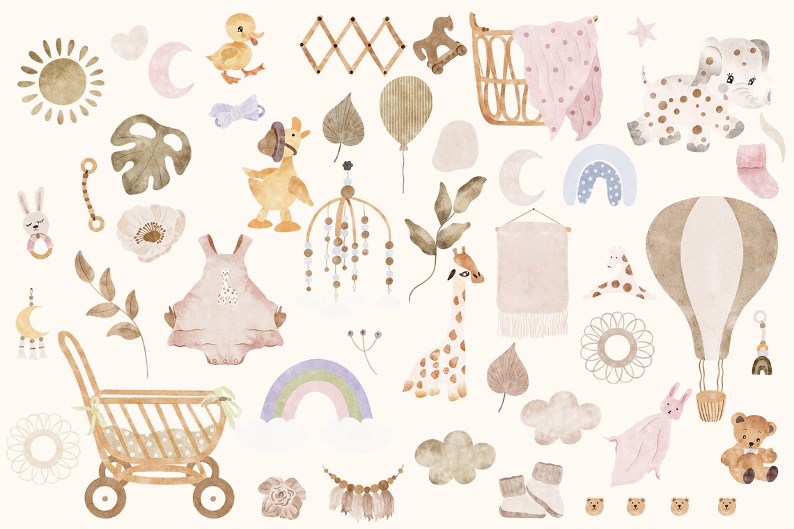 Boho Baby Watercolor Collection - Boho Baby Shower Invitation Clipart ...