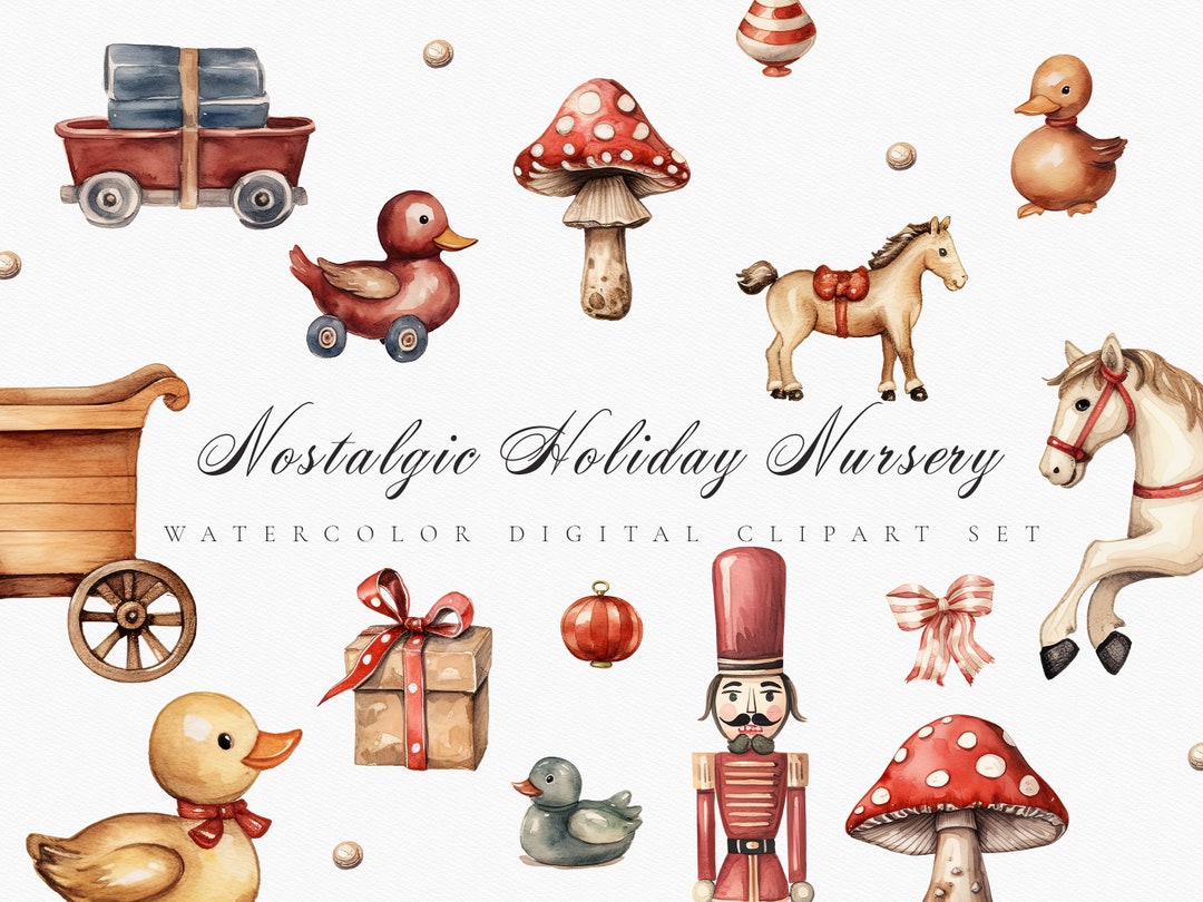Vintage Watercolor Christmas Toy Clipart Set Nostalgic Holiday Nursery ...