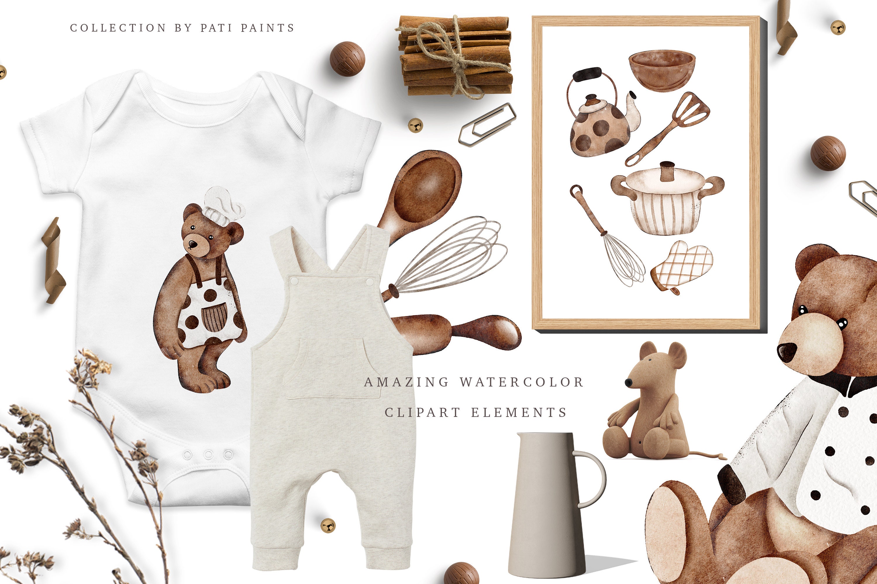 Teddy Bear Cooks Clipart Nursery Watercolor Clipart, Newborn Baby ...