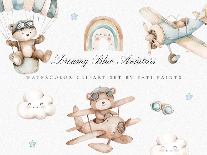 Aviator Bear Clipart Bundle - Airplane Clipart - Nursery Wall Art ...