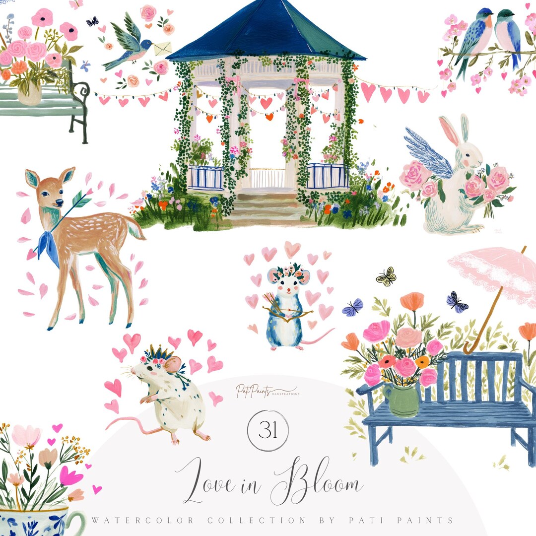 Valentine Garden Watercolor Clipart Set, Cute Animal Love PNG, Romantic ...