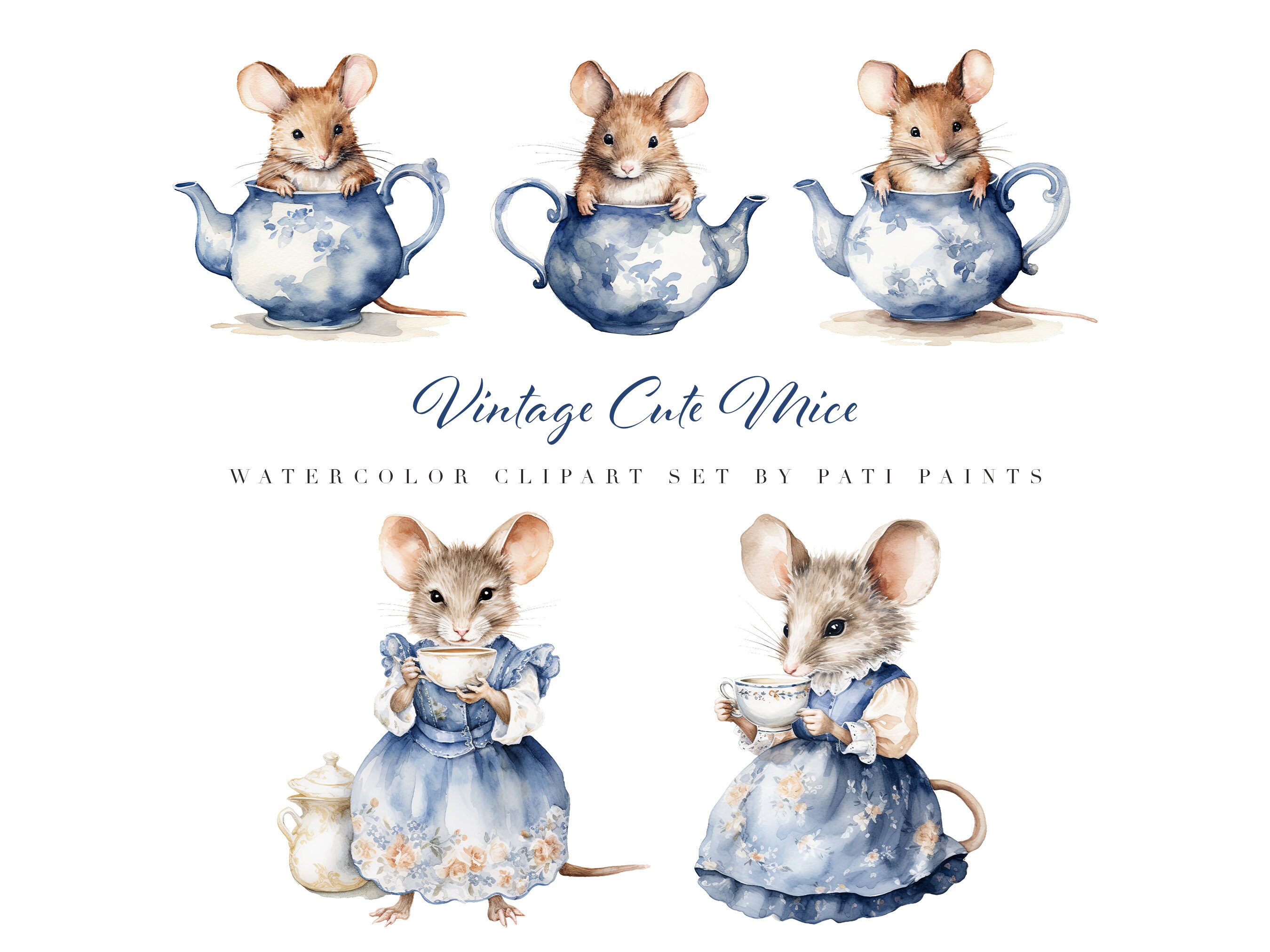 Vintage Watercolor Mice Clipart Cute Nursery Illustration for Children ...