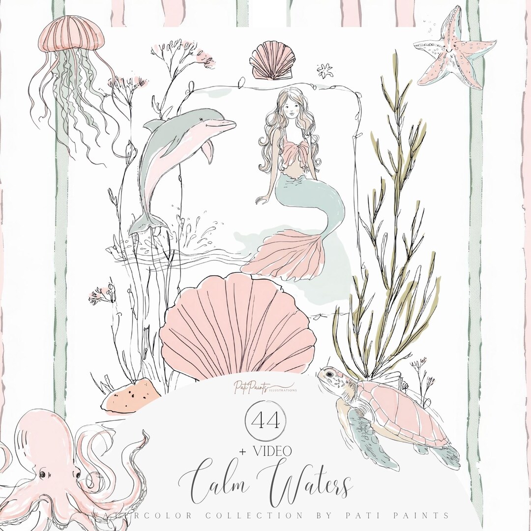 Pastel Mermaid Hand Drawn Doodles Clipart Set, Calm Ocean Pngs, Under ...