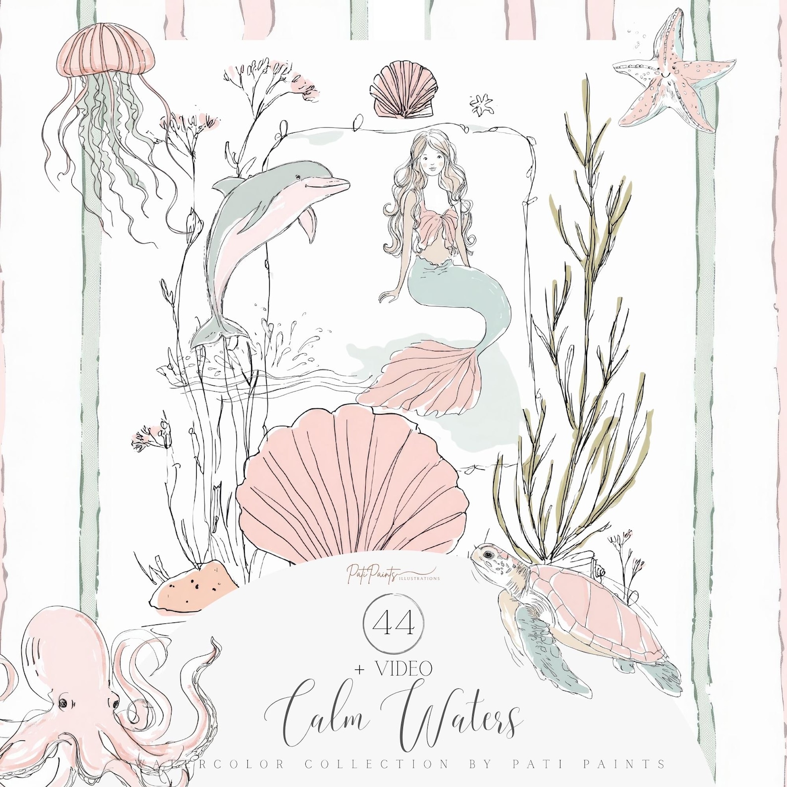 Pastel Mermaid Hand Drawn Doodles Clipart Set, Calm Ocean Pngs, Under ...