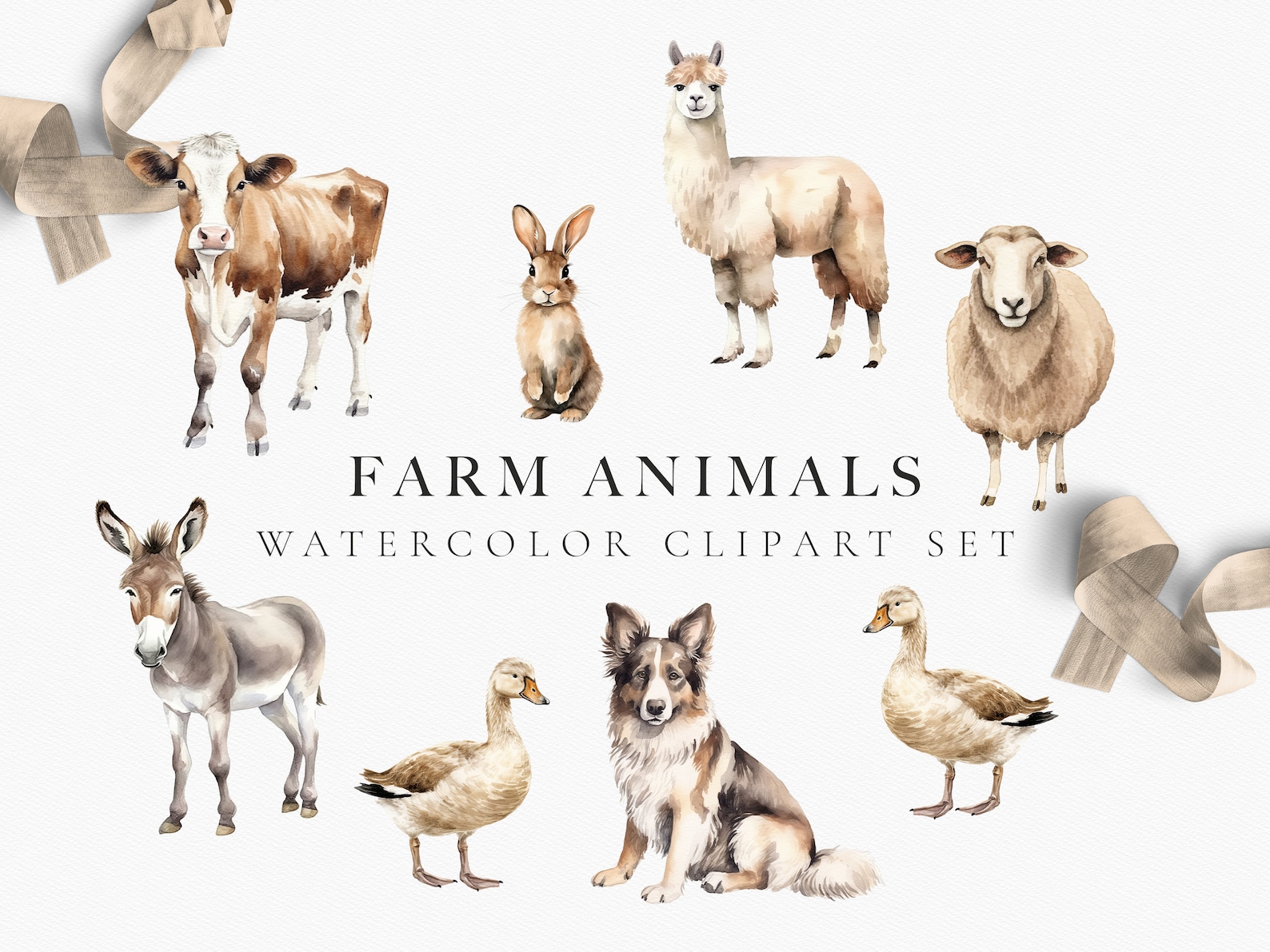 Farm Animal Clipart Set Watercolor Farm Cow Horse Duck Sheep Watercolor ...