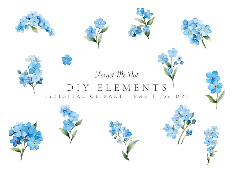 Forget Me Not Clipart for Wedding Invitation Watercolor Premade Clipart ...