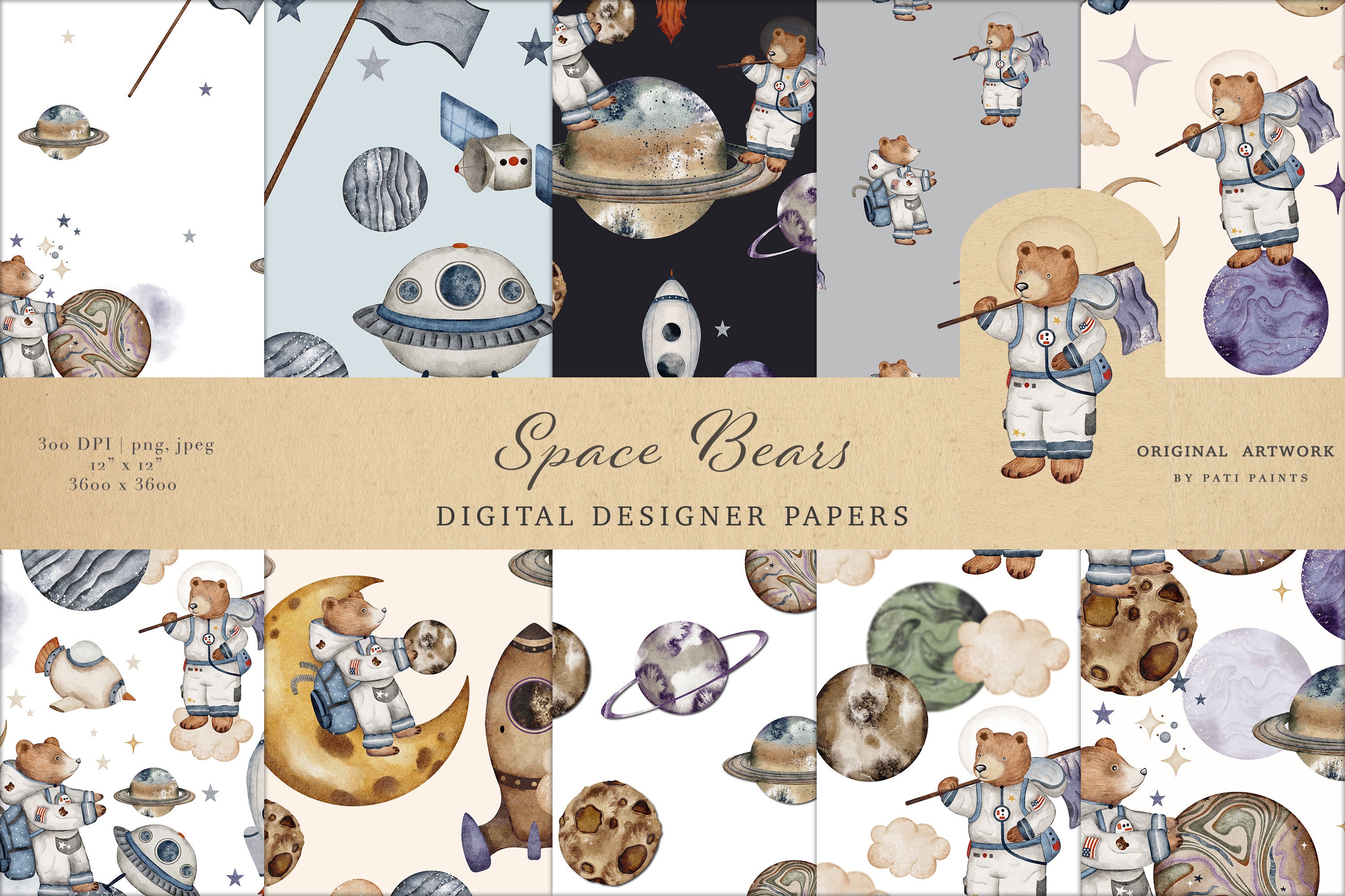 Watercolor Astronaut Cute Bear Digital Clipart for Commercial Use ...