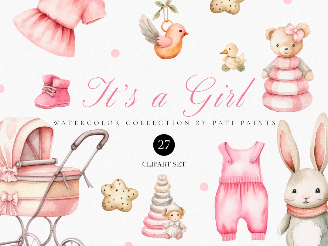 Watercolor Baby Girl Clipart for Baby Shower Invitation - It's a Girl ...