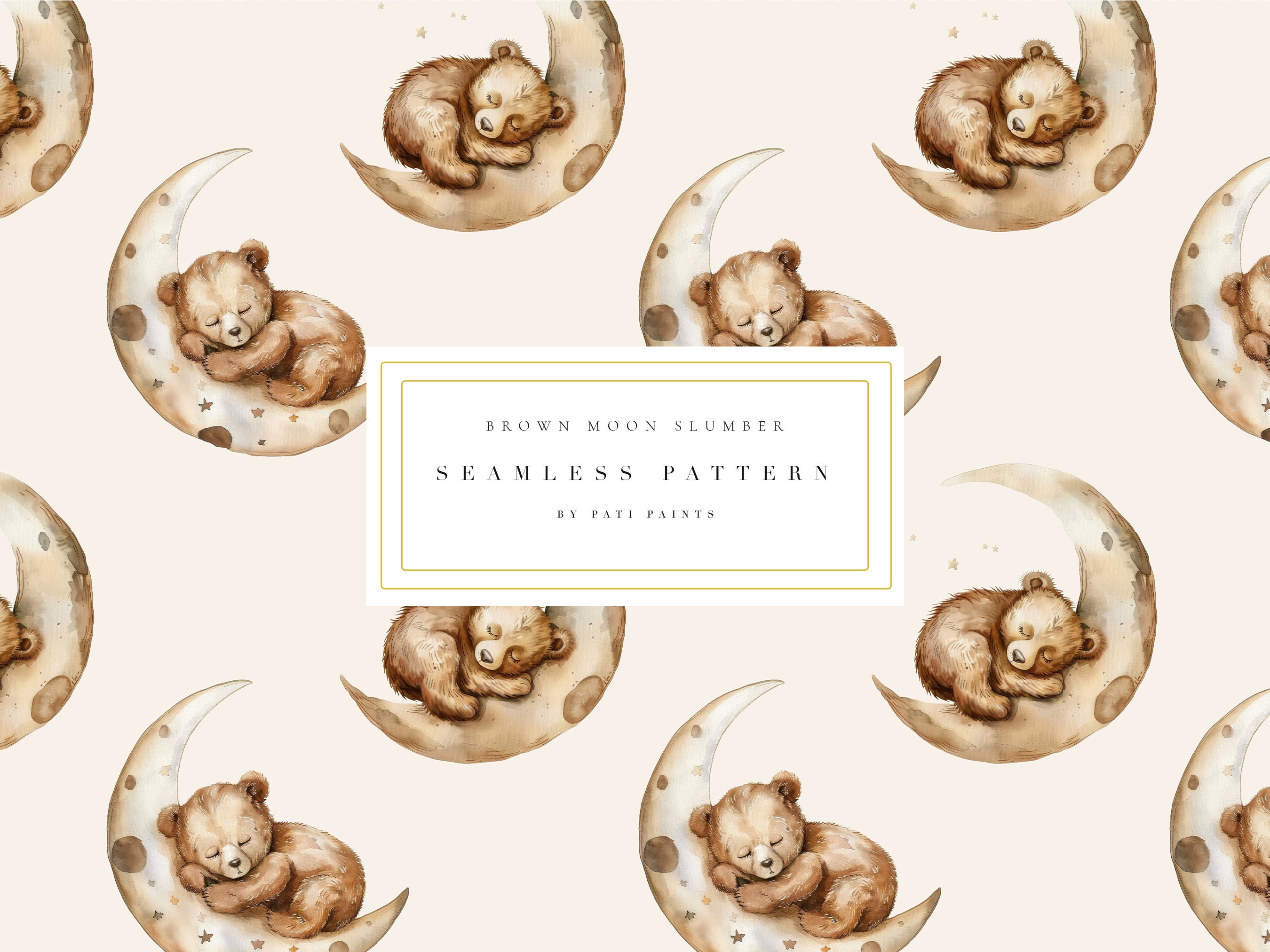 Sleepy Bear on the Moon Digital Paper Nursery Pattern Watercolor Bears ...