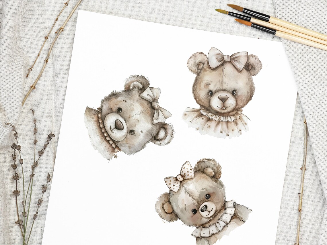 Watercolor Teddy Bear Head Clipart Bundle Nursery Wall Art Teddy Bear ...