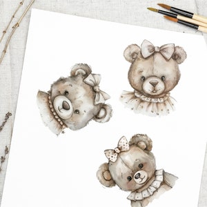 Watercolor Teddy Bear Head Clipart Bundle - Nursery Wall Art - Teddy ...