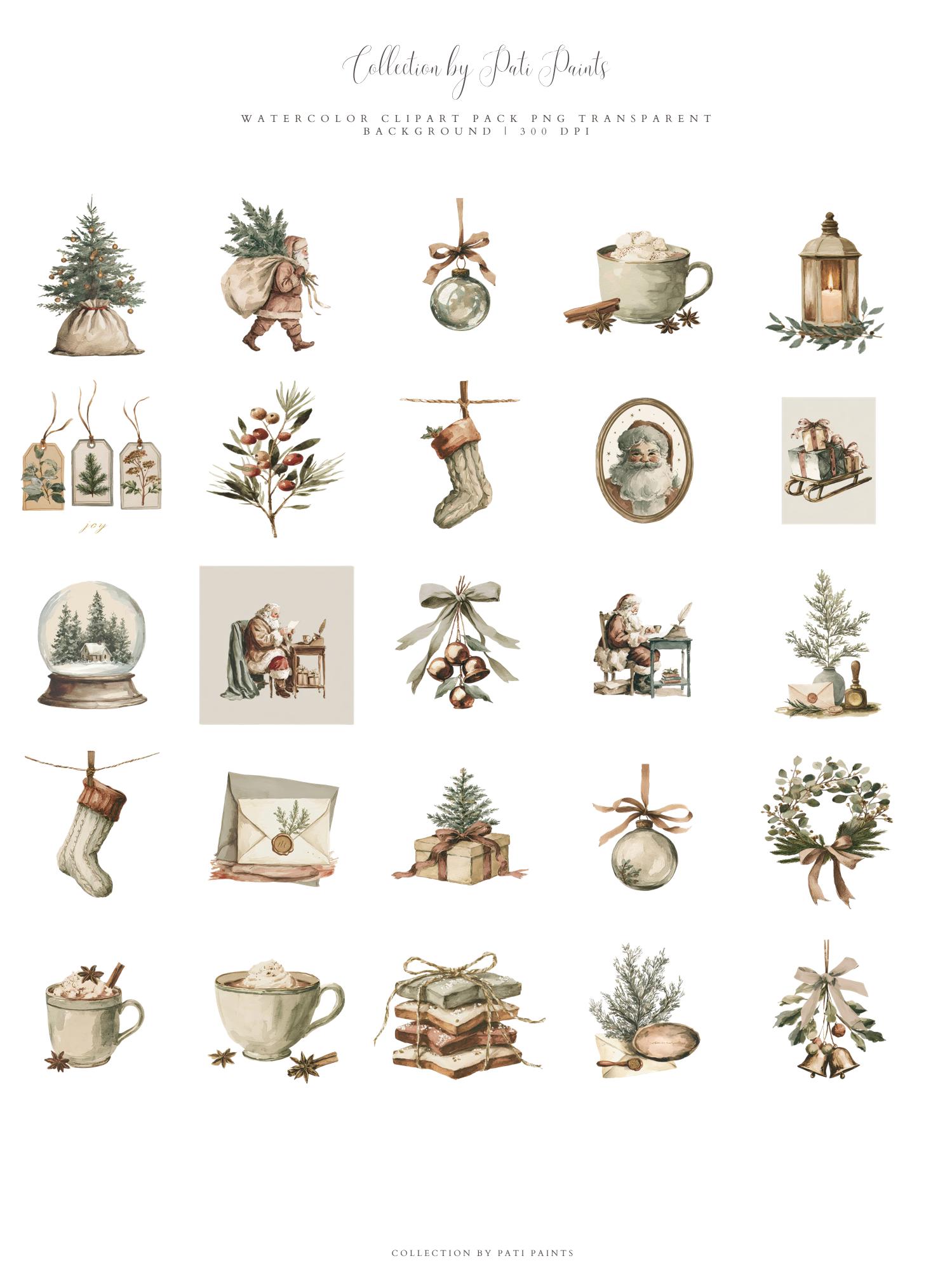Watercolor Red Retro Christmas Clipart, Vintage Watercolor Xmas PNG ...