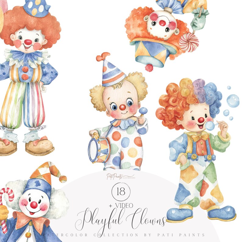 Clown Clipart Set Circus PNG, Watercolor Carnival Illustrations, Cute ...