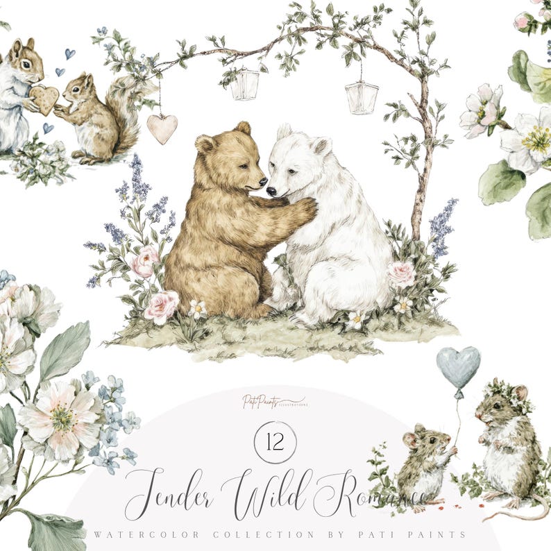 Valentine Woodland Animals Clipart Set, Romantic Bears Squirrels Mice ...