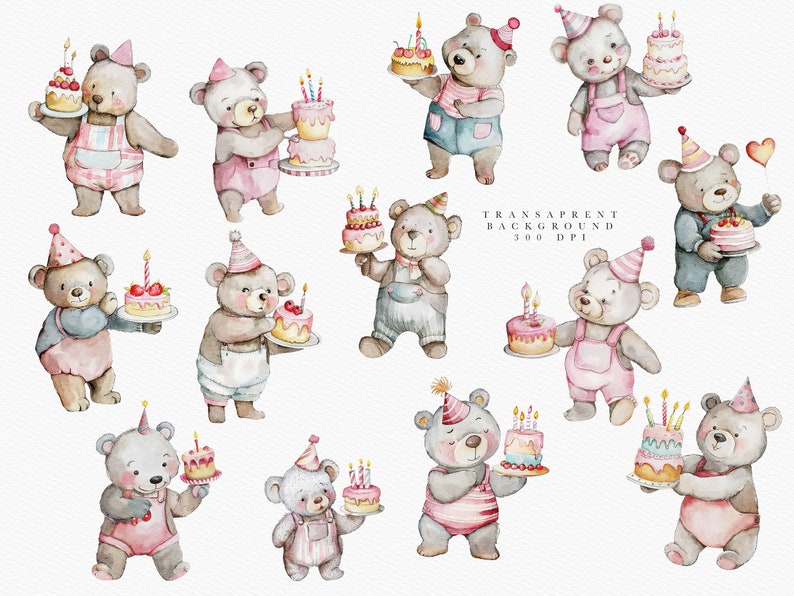 Birthday Bear With Cake Clipart Bundle - Scrapbooking - Happy Birthday ...